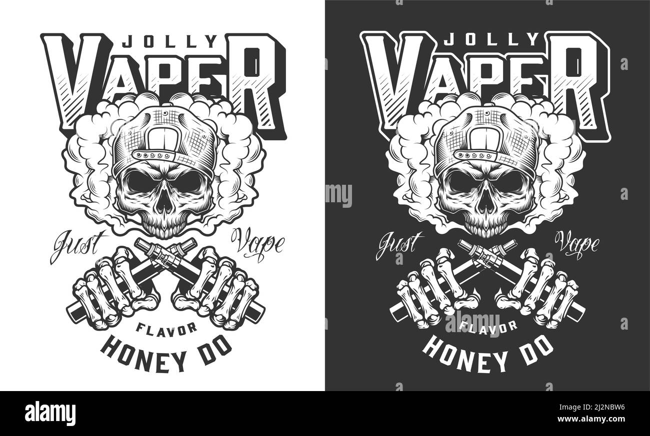 Vintage monochrome vaping emblem with skull wearing hipster cap in ...