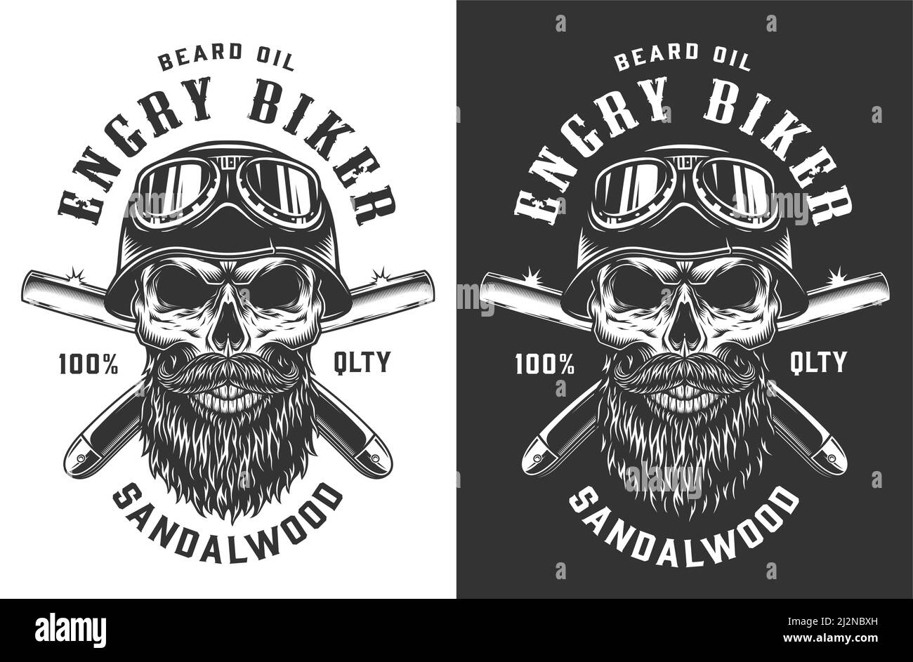 Biker skull in helmet and goggles emblem with crossed razor blades in ...