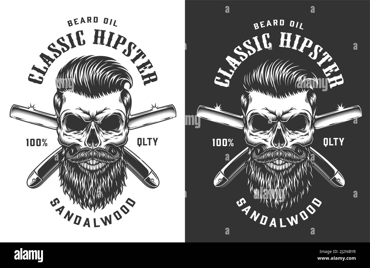 Vintage monochrome hipster skull label with crossed razor blades ...