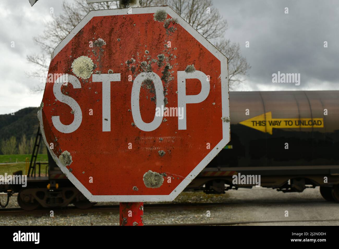 REEFTON, NEW ZEALAND, SEPTEMBER 6, 2021: A freight train passes a stop ...