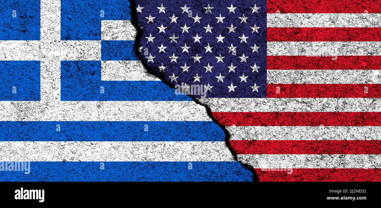 USA and Greece. Flags painted on cracked concrete wall. United States ...