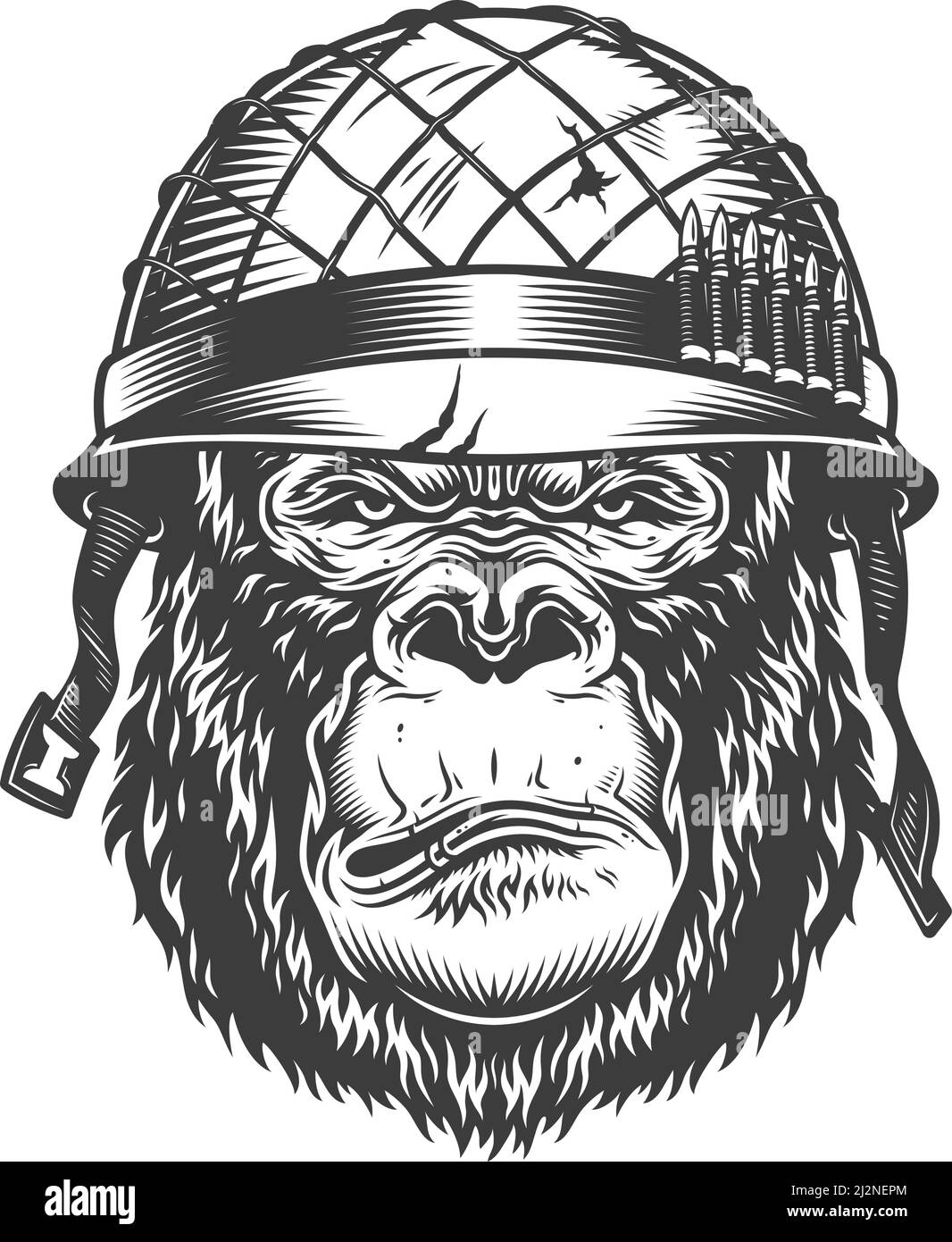 Serious gorilla in monochrome style in soldier helmet. Vector ...