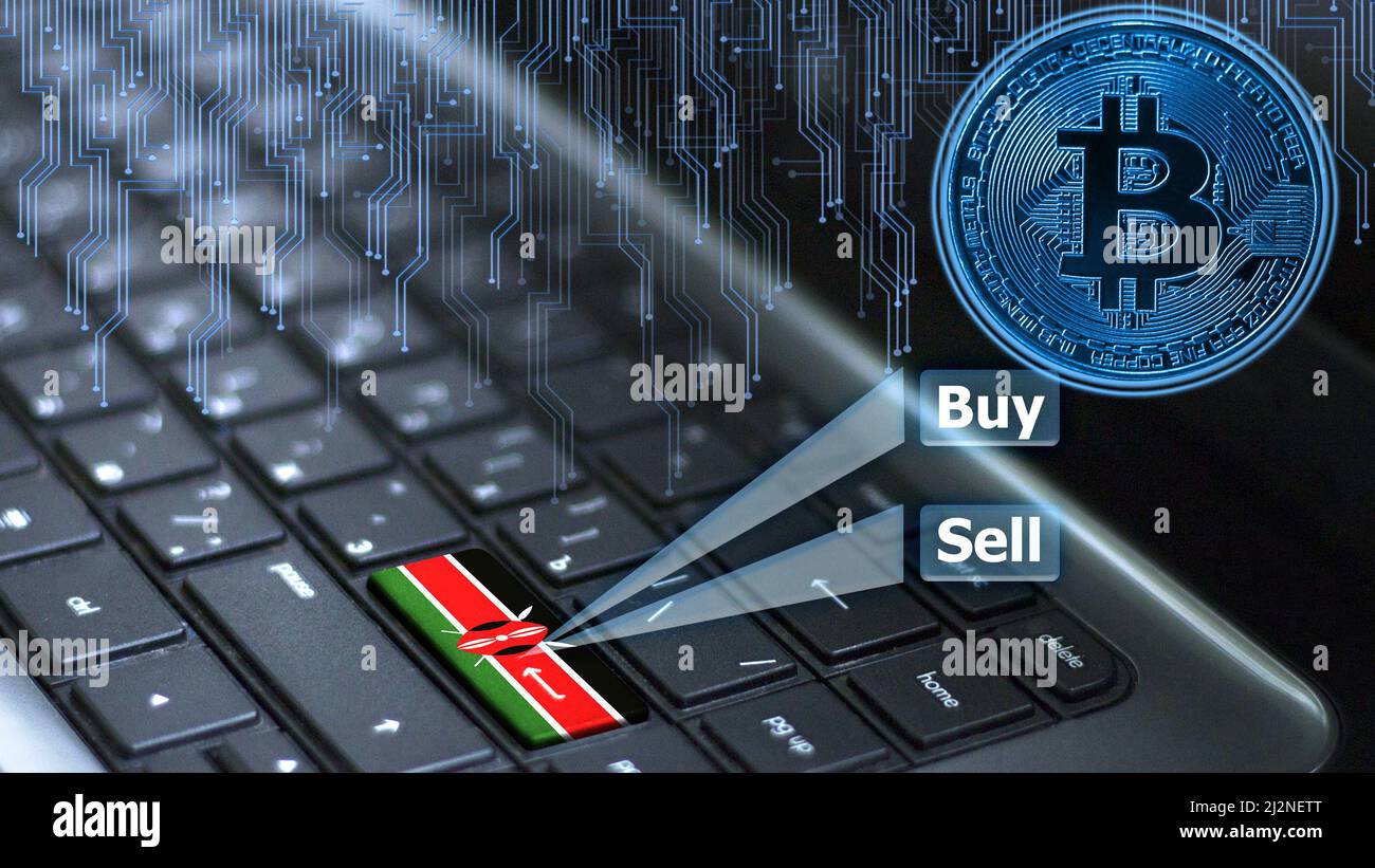 Keyboard with Kenya flag on enter button with bitcoin coin hologram and ...
