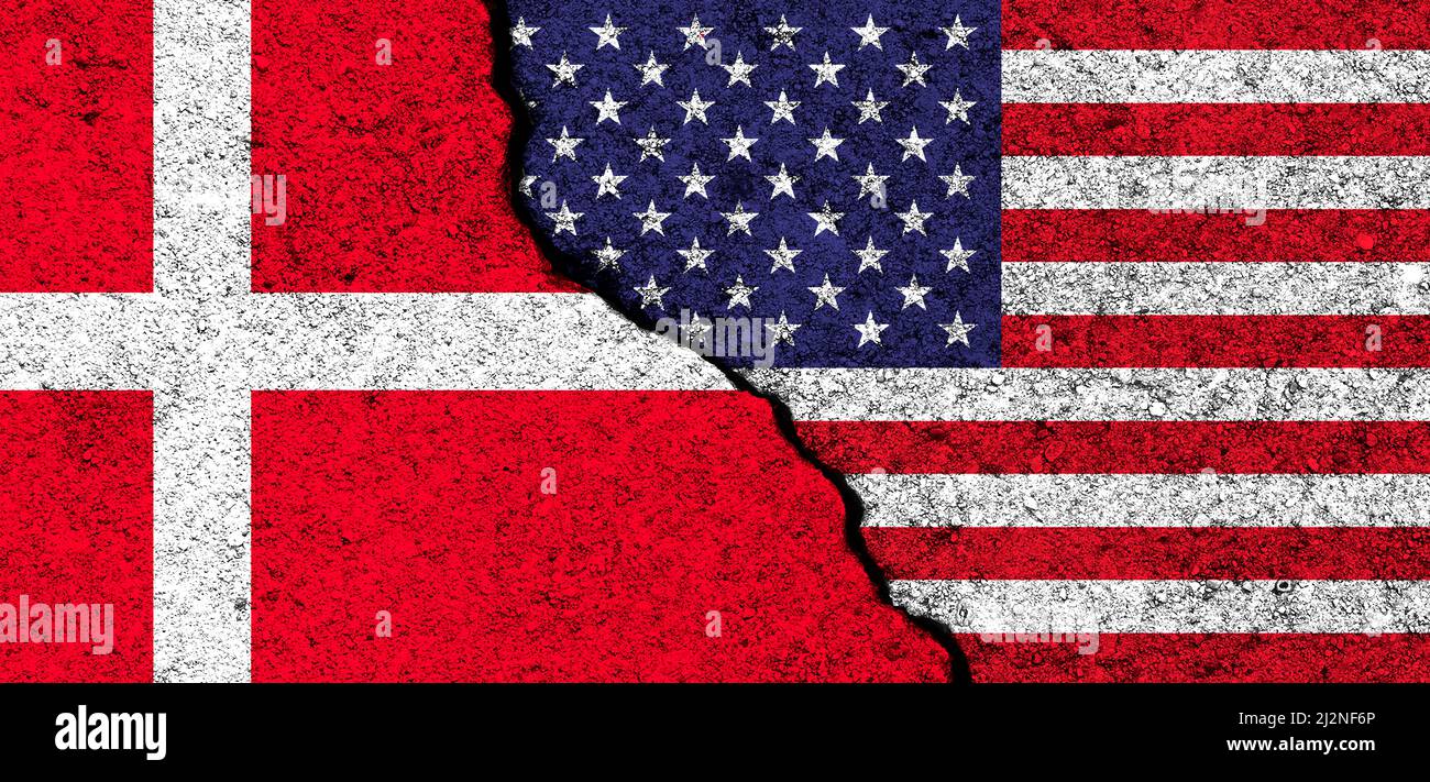 USA and Denmark. Flags painted on cracked concrete wall. United States ...