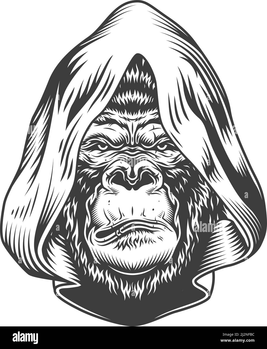 Serious gorilla in monochrome style in the hood. Vector vintage ...