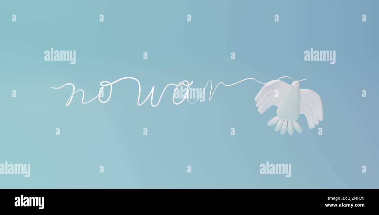 White bird dove of peace with white ribbon flies across the blue sky ...