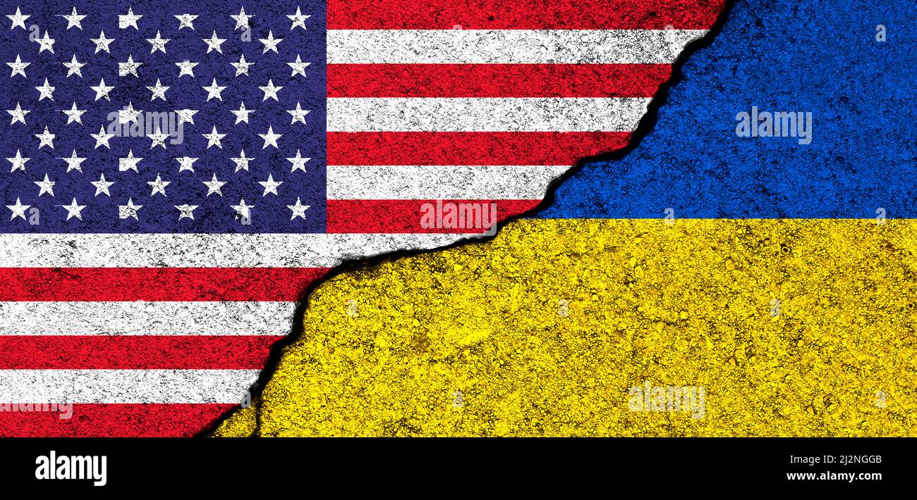 USA and Ukraine. Flags painted on cracked concrete wall. United States ...