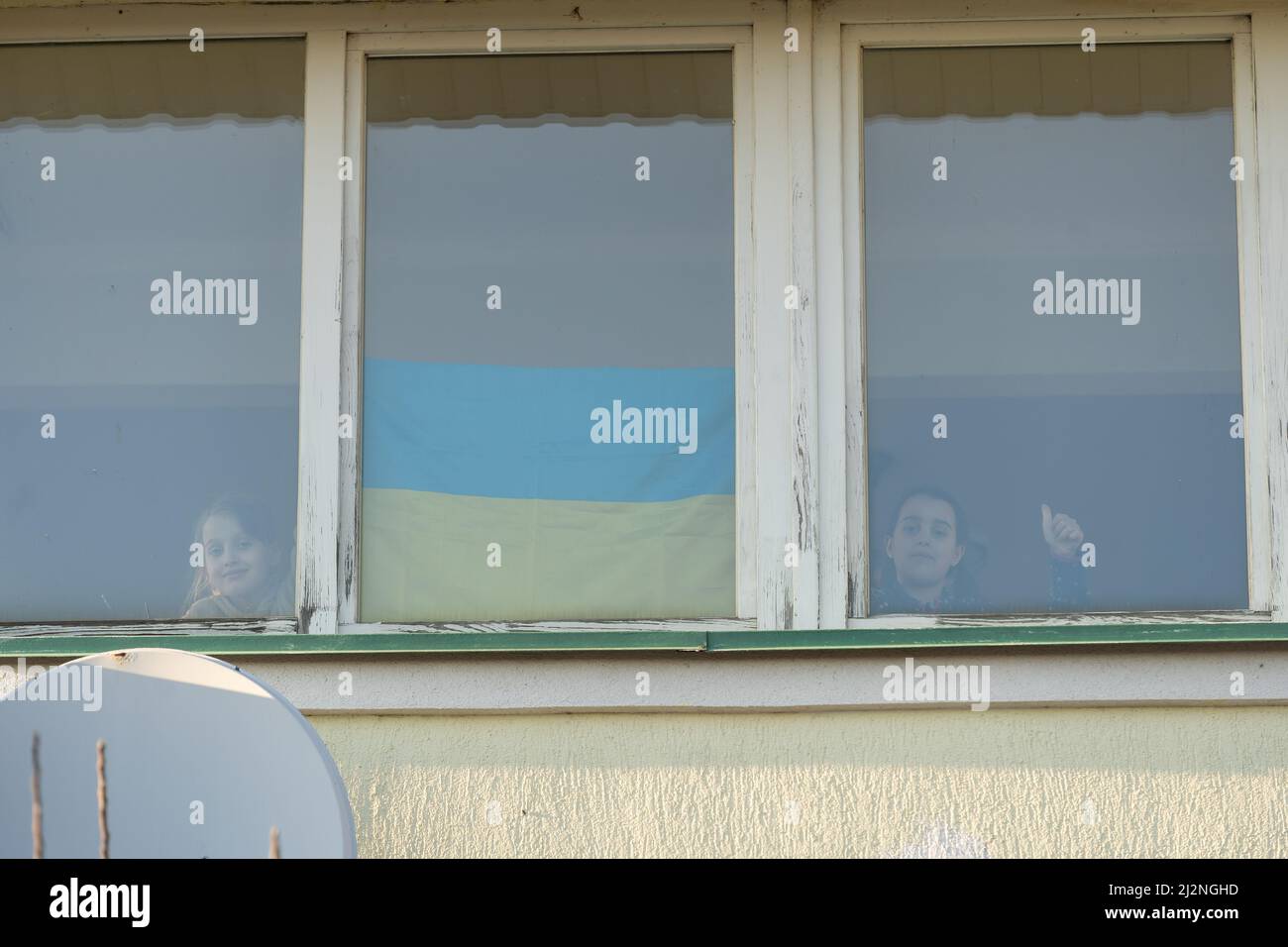 Child at the window with the flag of ukraine. State support in war ...