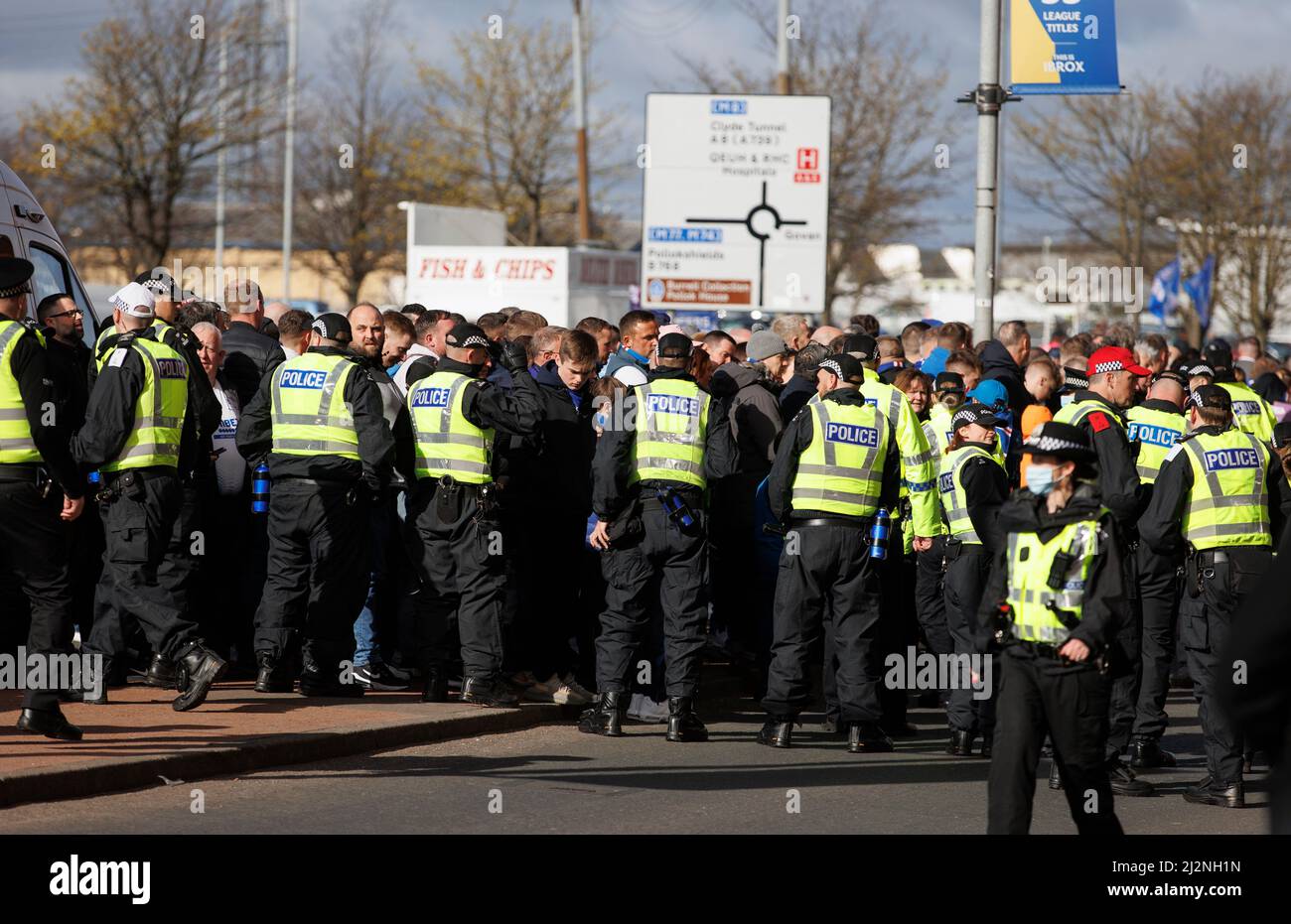 Rangers fans kept back as the Celtic team Bus arrives at Ibrox Stadium ...