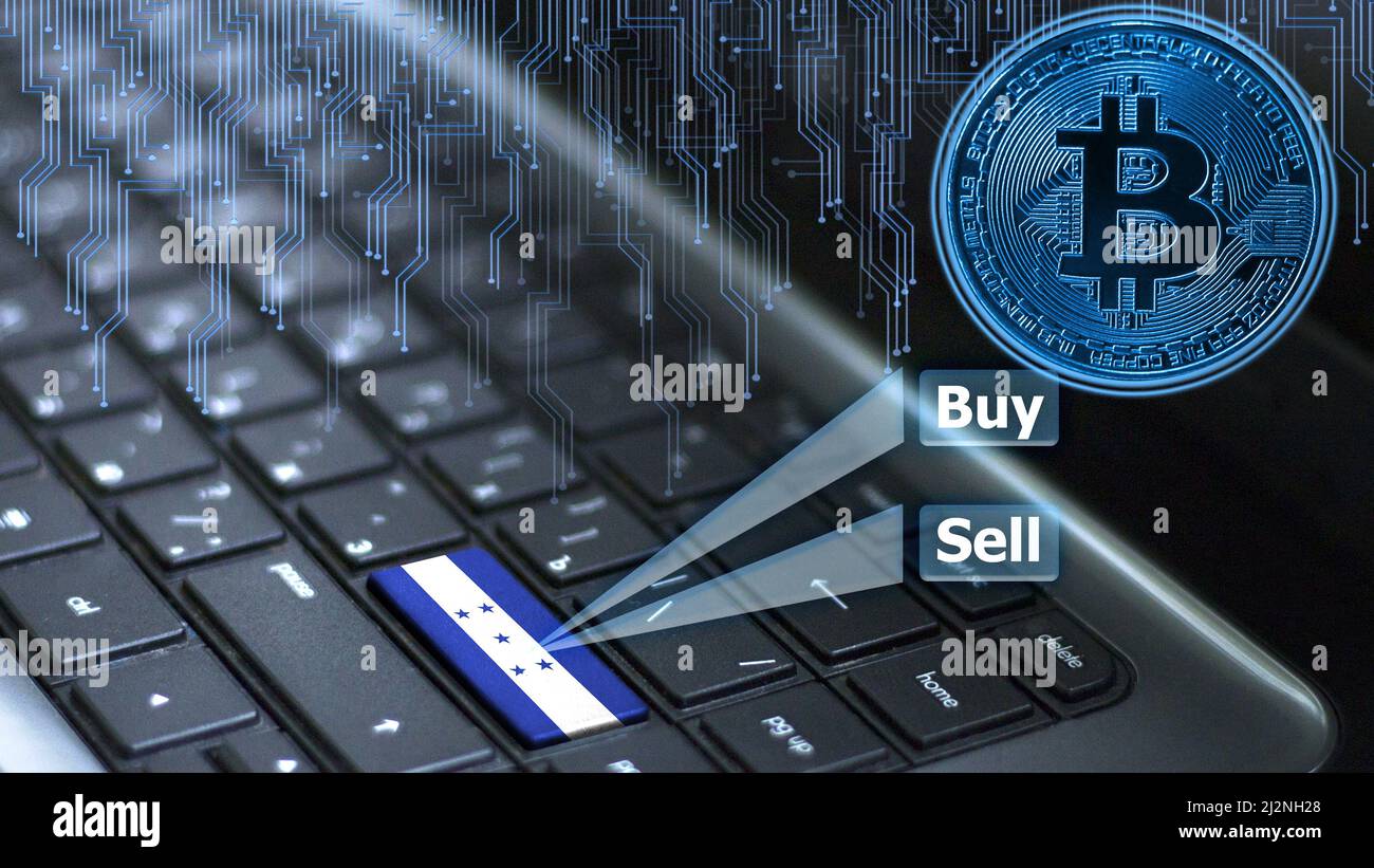 Keyboard with Honduras flag on enter button with bitcoin coin hologram ...