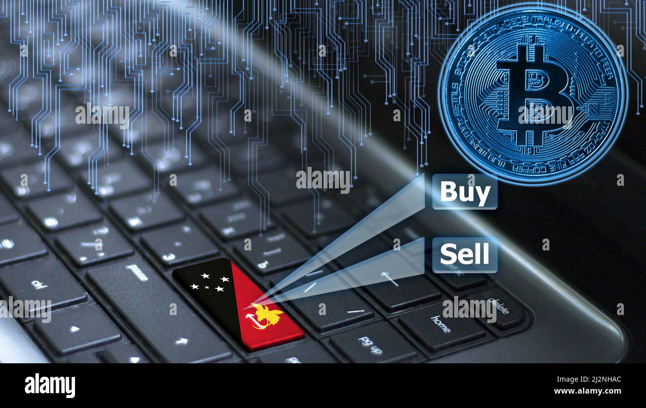 Keyboard with Papua New Guinea flag on enter button with bitcoin coin ...