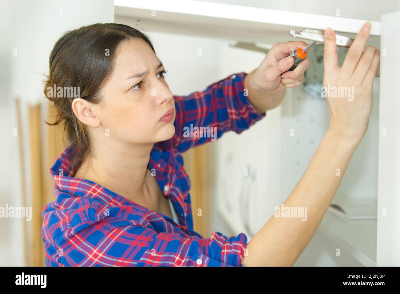 female carpenter fitting nails in drawer with screwdriver Stock Photo ...