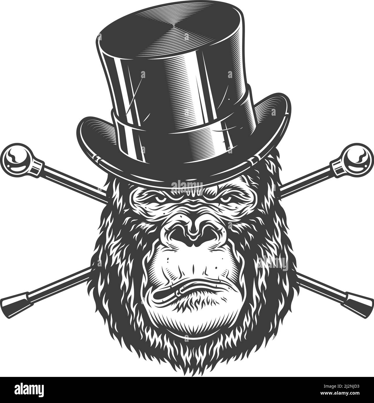 Serious gorilla head in cylinder hat with crossed canes in vintage monochrome style isolated ...
