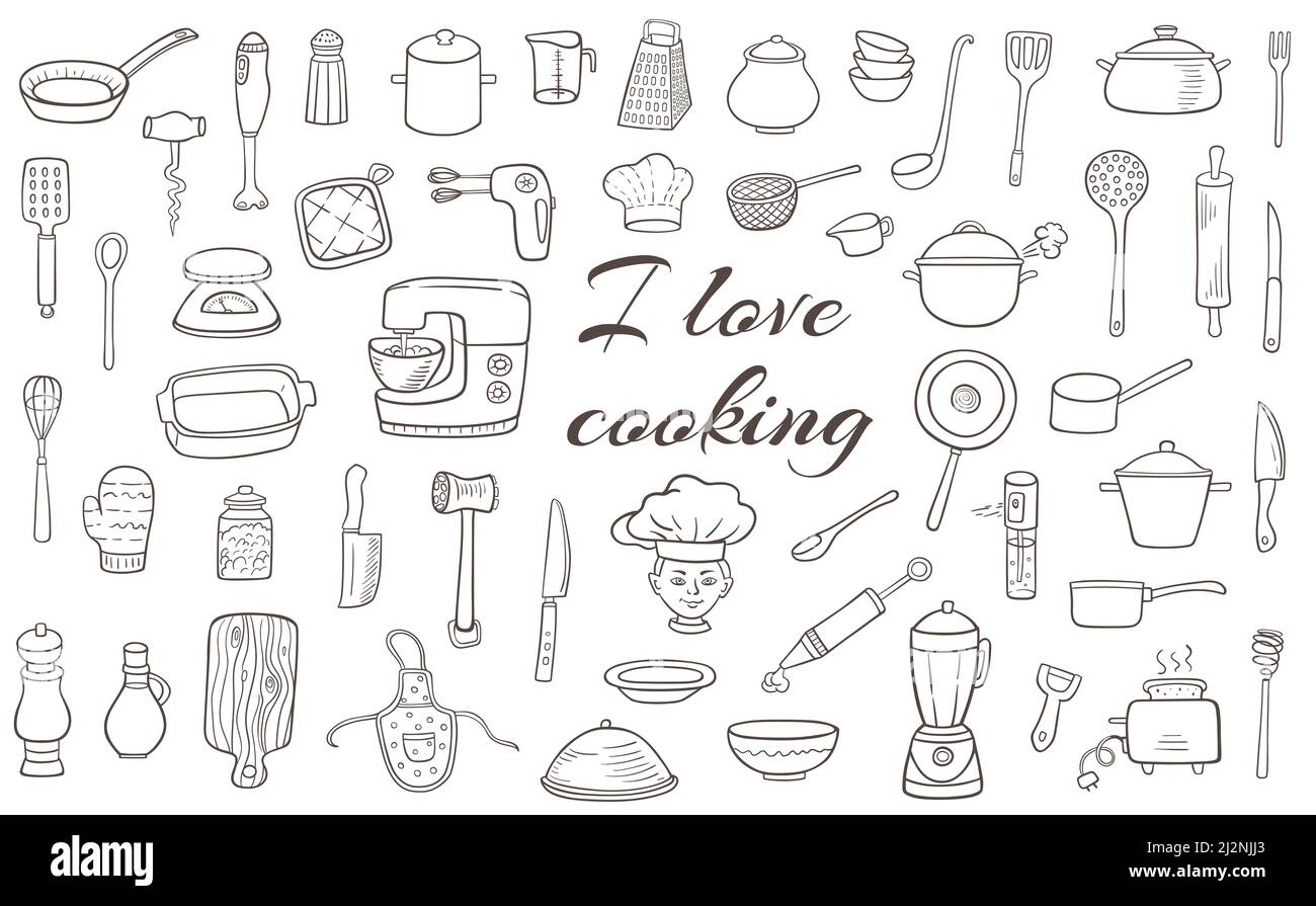 Set of hand drawn cooking and tableware doodles on a white background ...