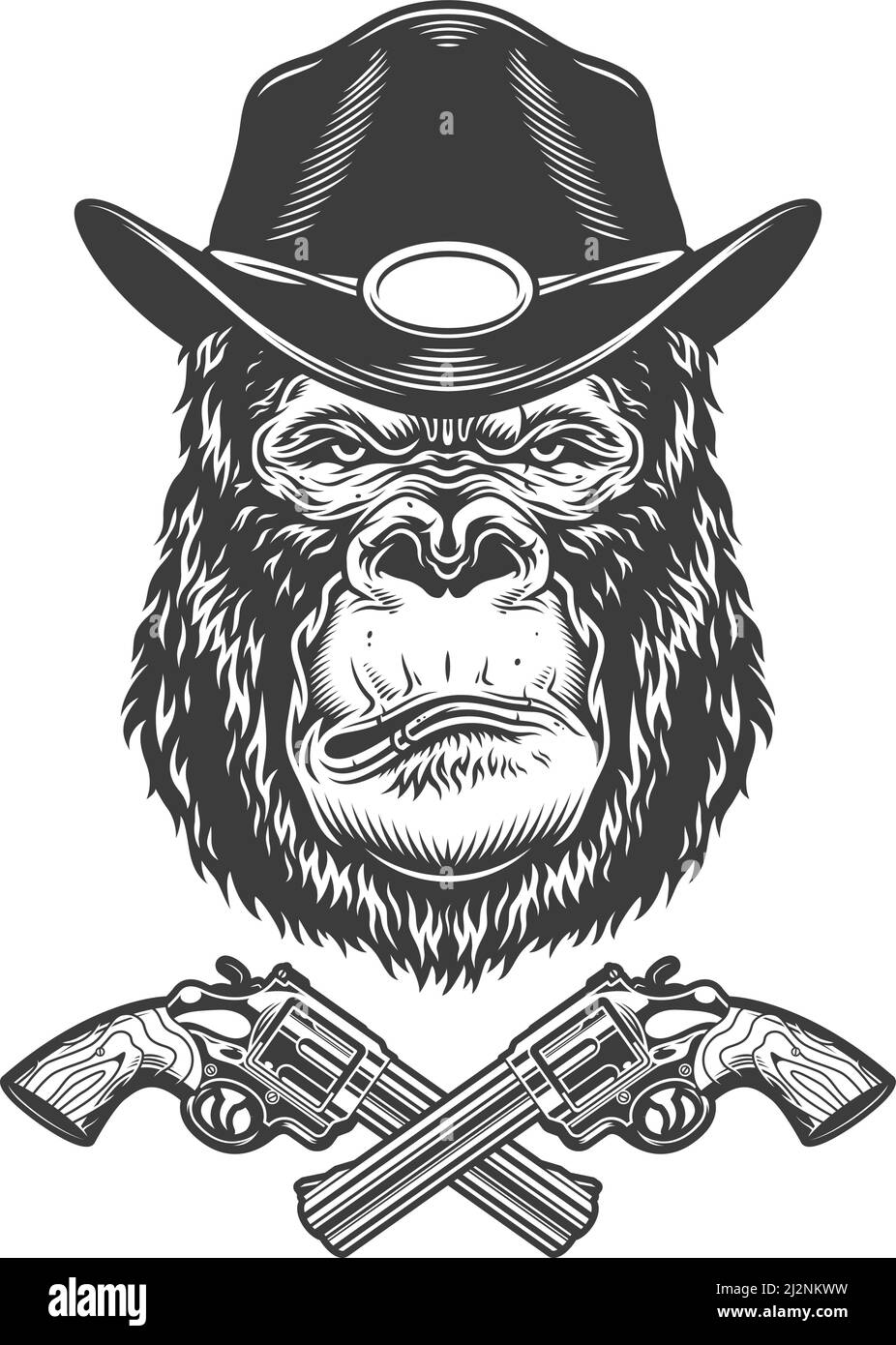 Serious gorilla head in sheriff hat with crossed pistols in vintage monochrome style isolated ...