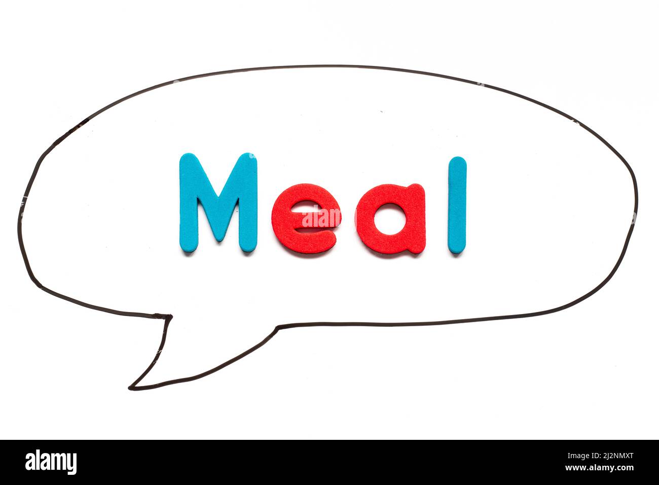 Alphabet letter with word meal in black line hand drawing as bubble ...