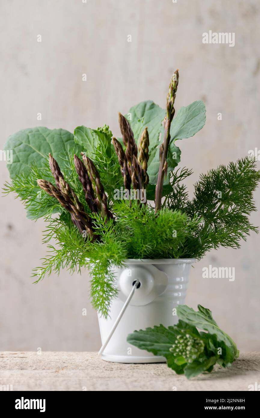 White metal bucket with greenery, rustic style, gardening, homegrown production Stock Photo - Alamy