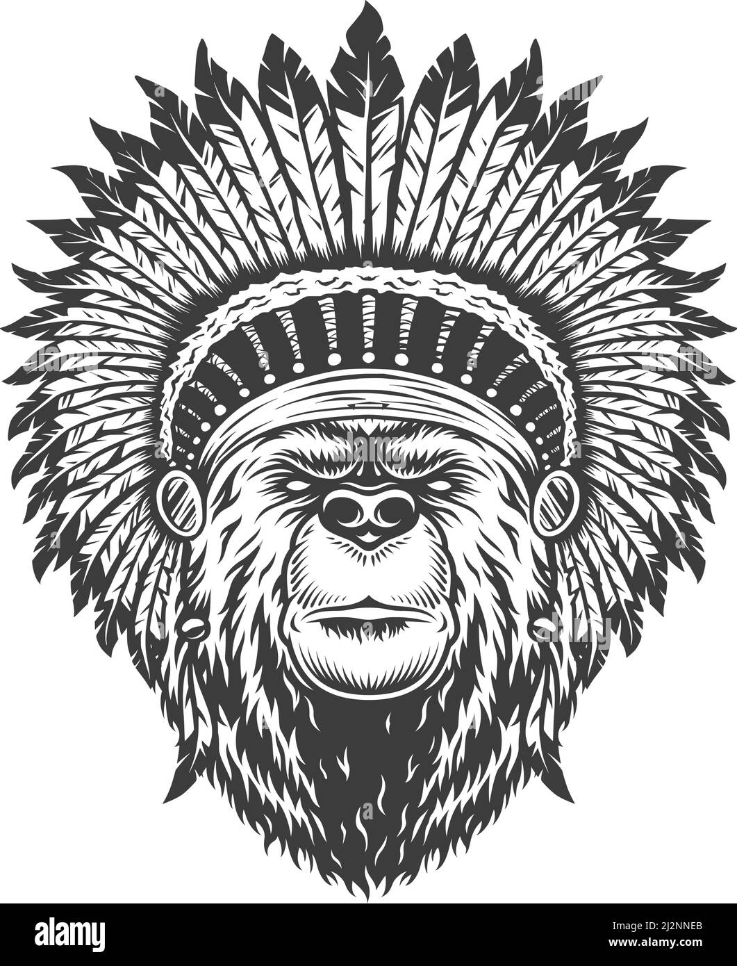 Vintage indian chief bear head with feathers headwear in monochrome ...