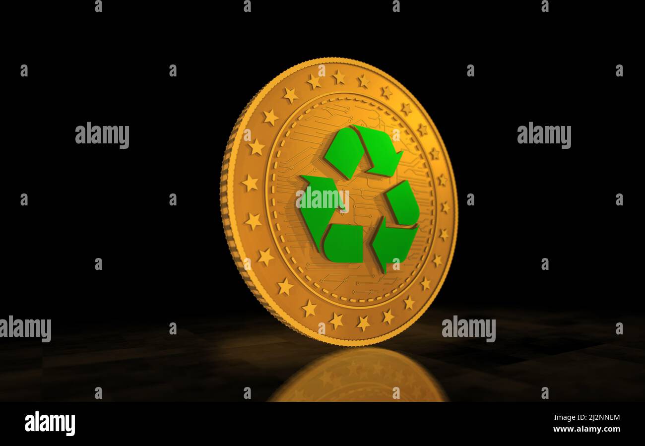 Recycling, ecology, e-waste and money circulation gold coin on green ...