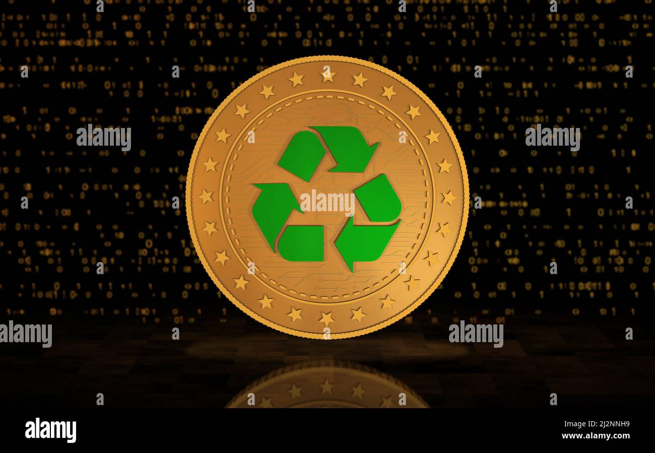 Recycling, ecology, e-waste and money circulation gold coin on green ...
