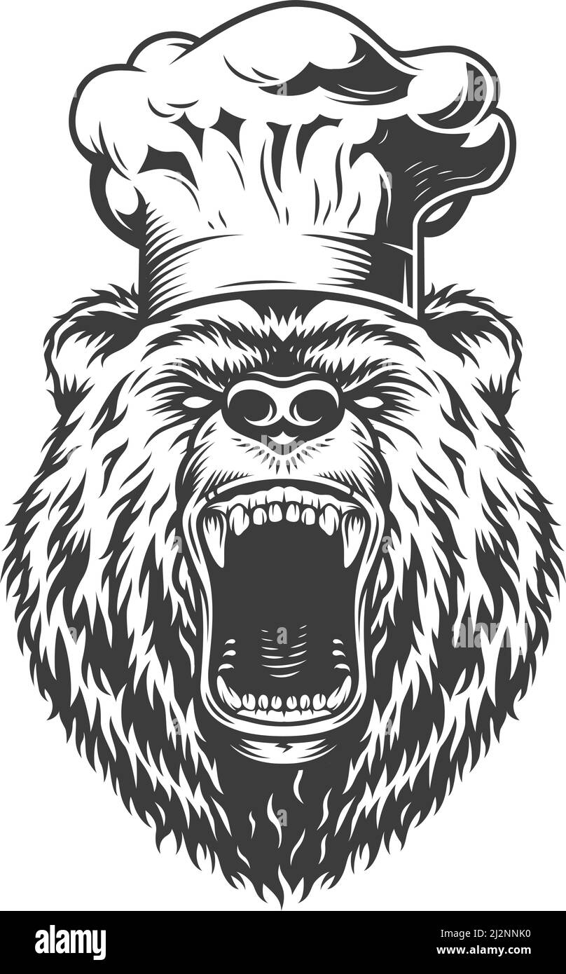 Chef bear head in cook hat in monochrome style isolated vector ...