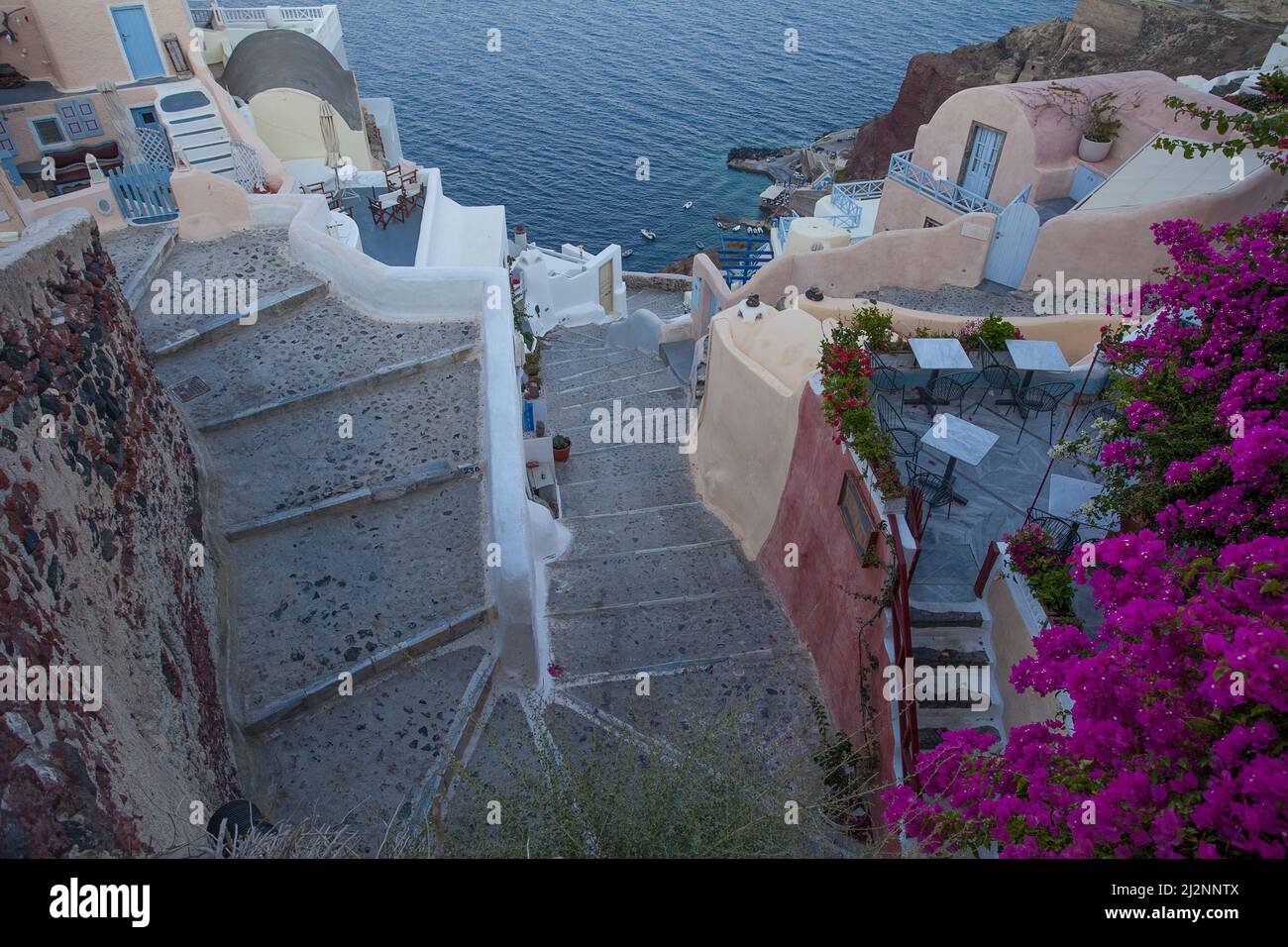 Stone wash staircases on Santorini Island, Greece. The view toward ...