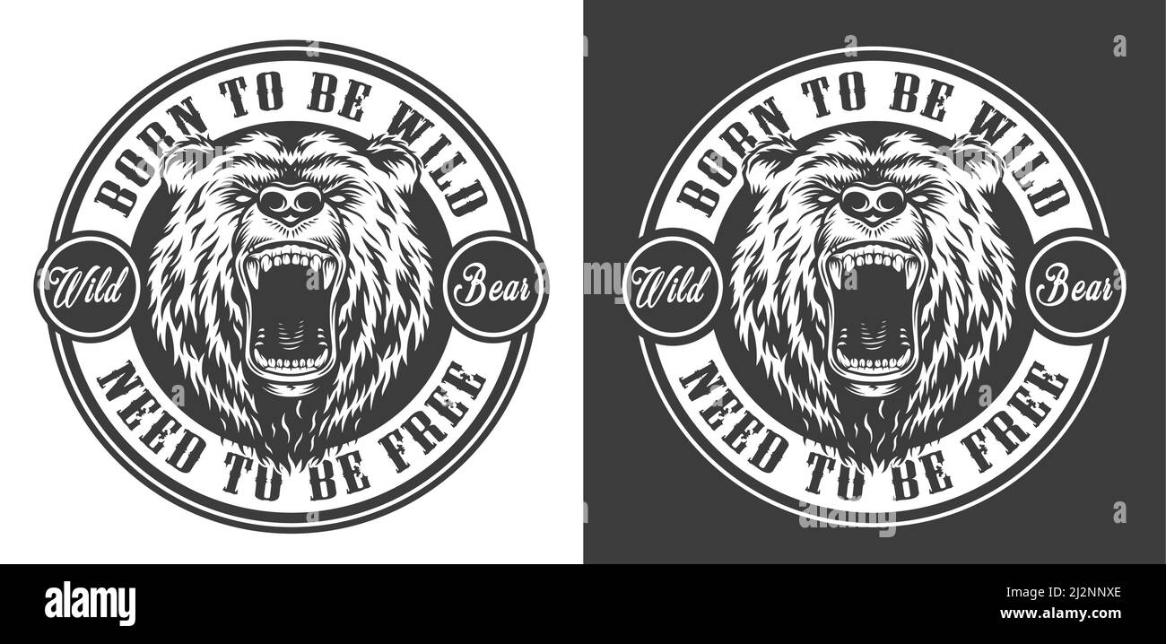 Vintage ferocious bear head round emblem in monochrome style isolated ...