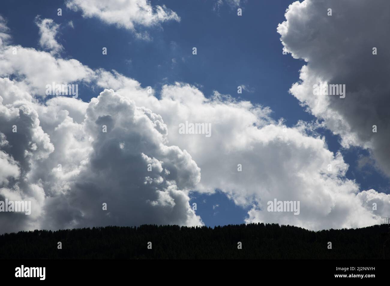 Sky with clouds and European mountain forest view horizontal background ...