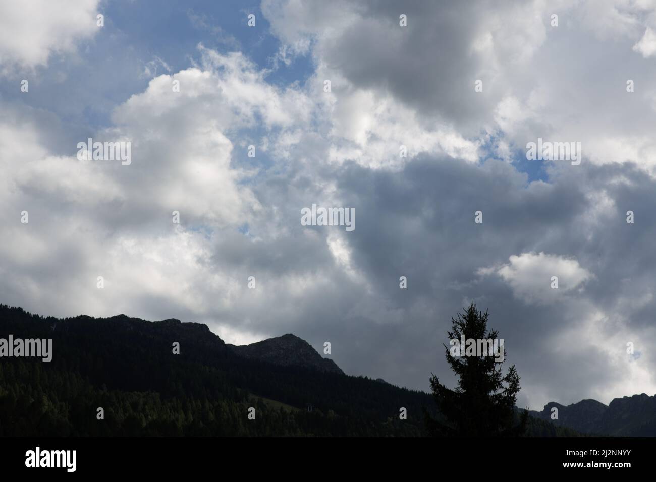 Sky with clouds and European mountain forest view horizontal background ...