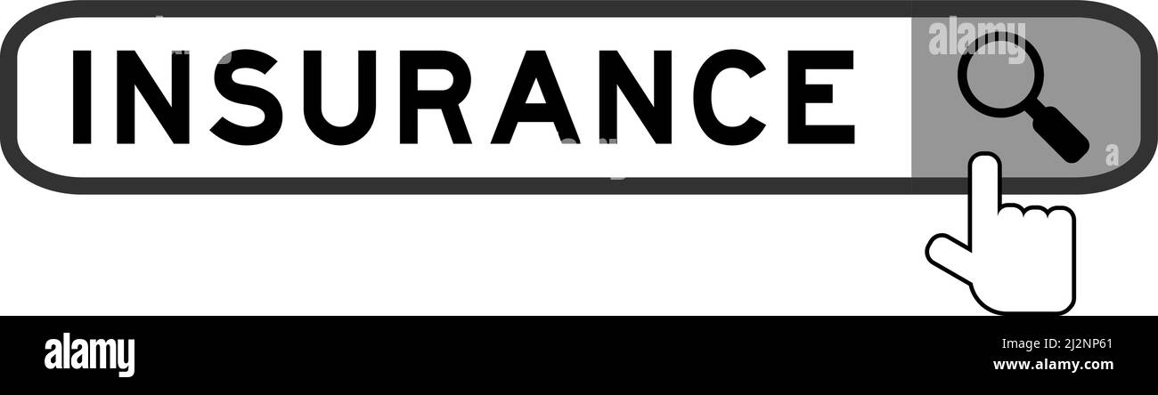 Search banner in word insurance with hand over magnifier icon on white ...
