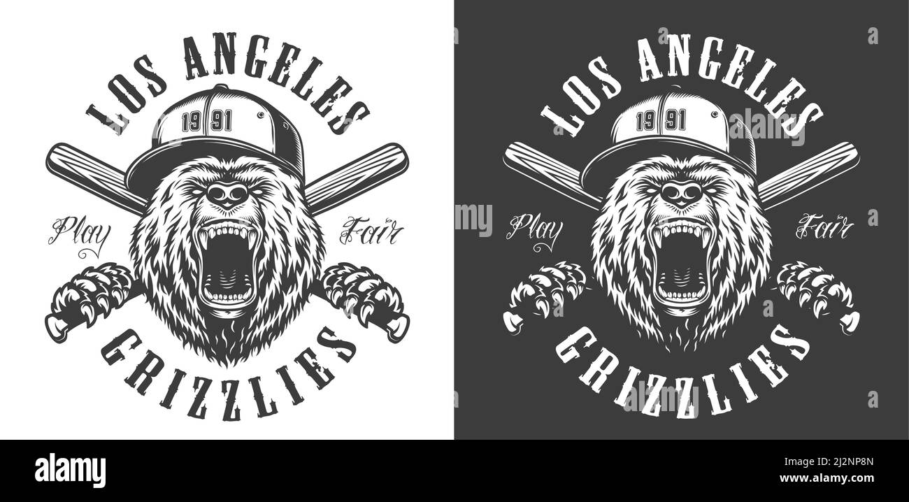 Vintage monochrome baseball club emblem with angry bear head in cap ...