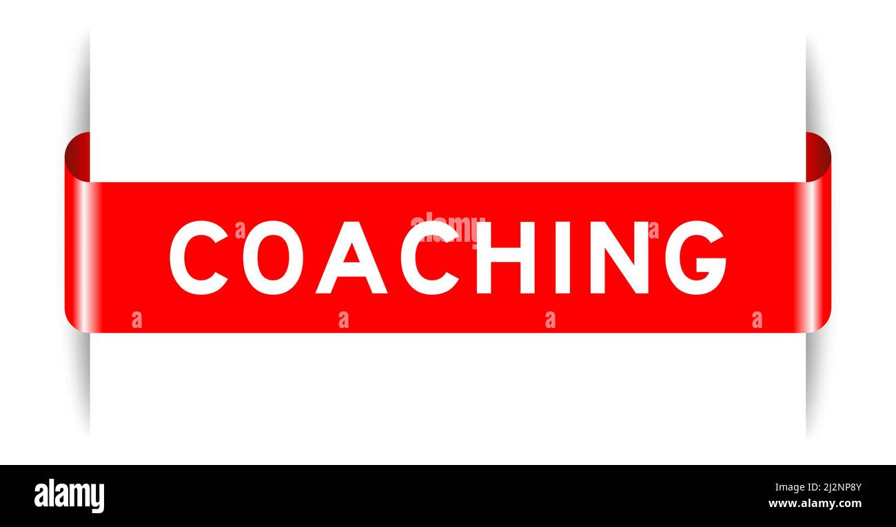 Red color inserted label banner with word coaching on white background ...