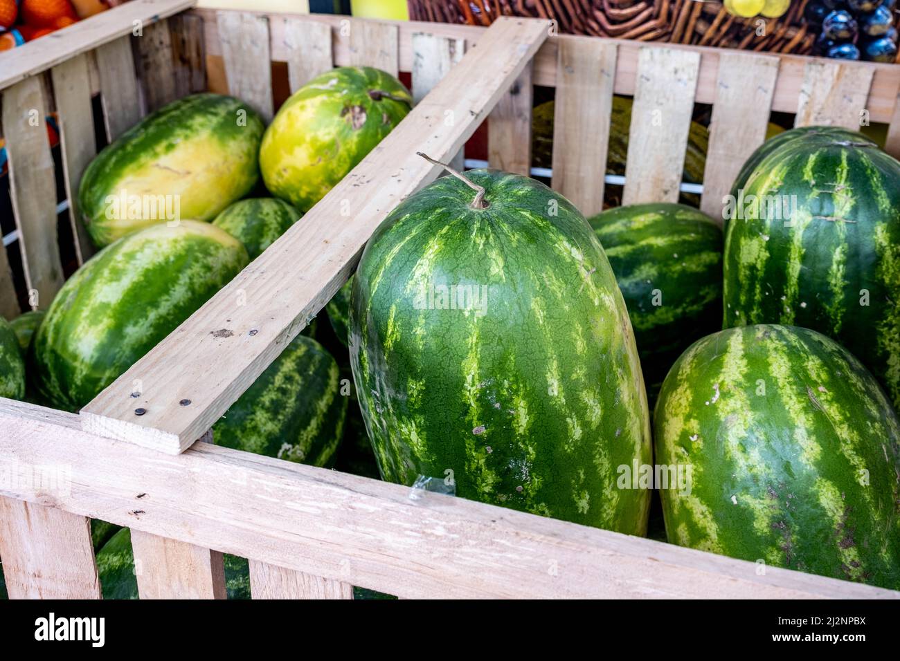 Wooden Crate Of Fresh Large Whole Ripe Refreshing Tropical Watermelon ...