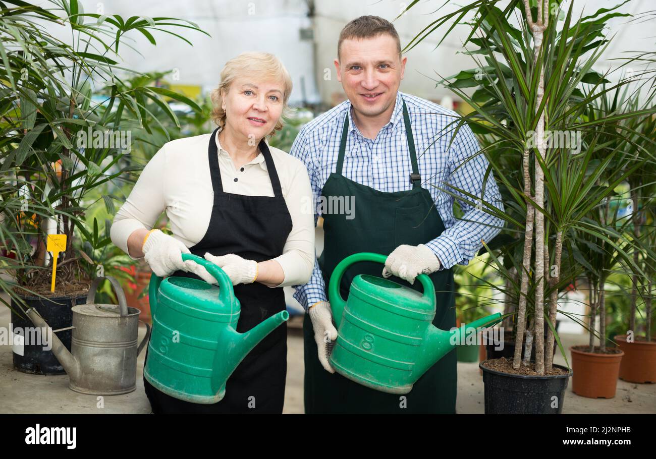 Two gardener are taking care of flowers and watered it Stock Photo - Alamy