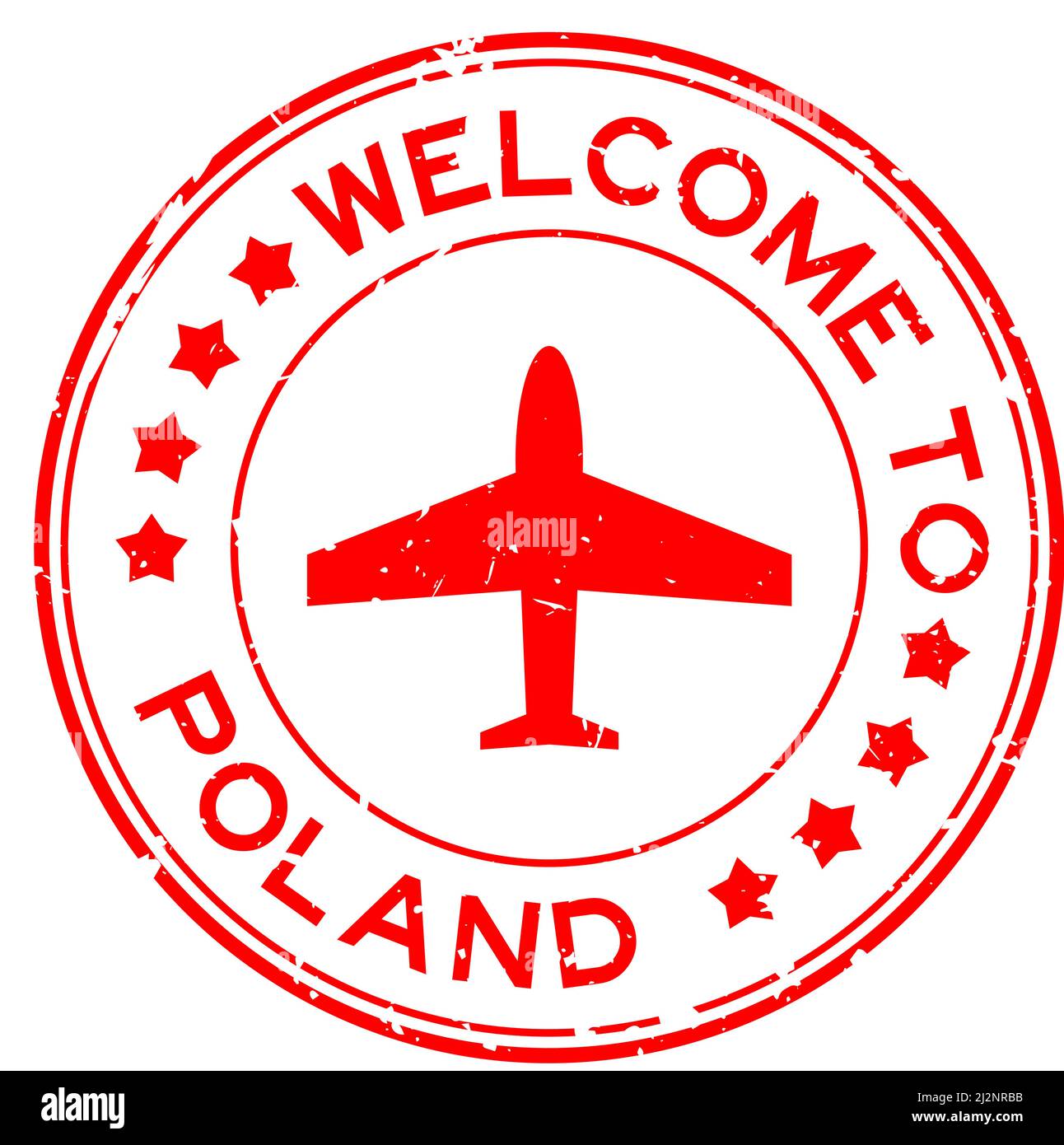 Grunge red welcome to Poland word with airplane icon round rubber seal ...