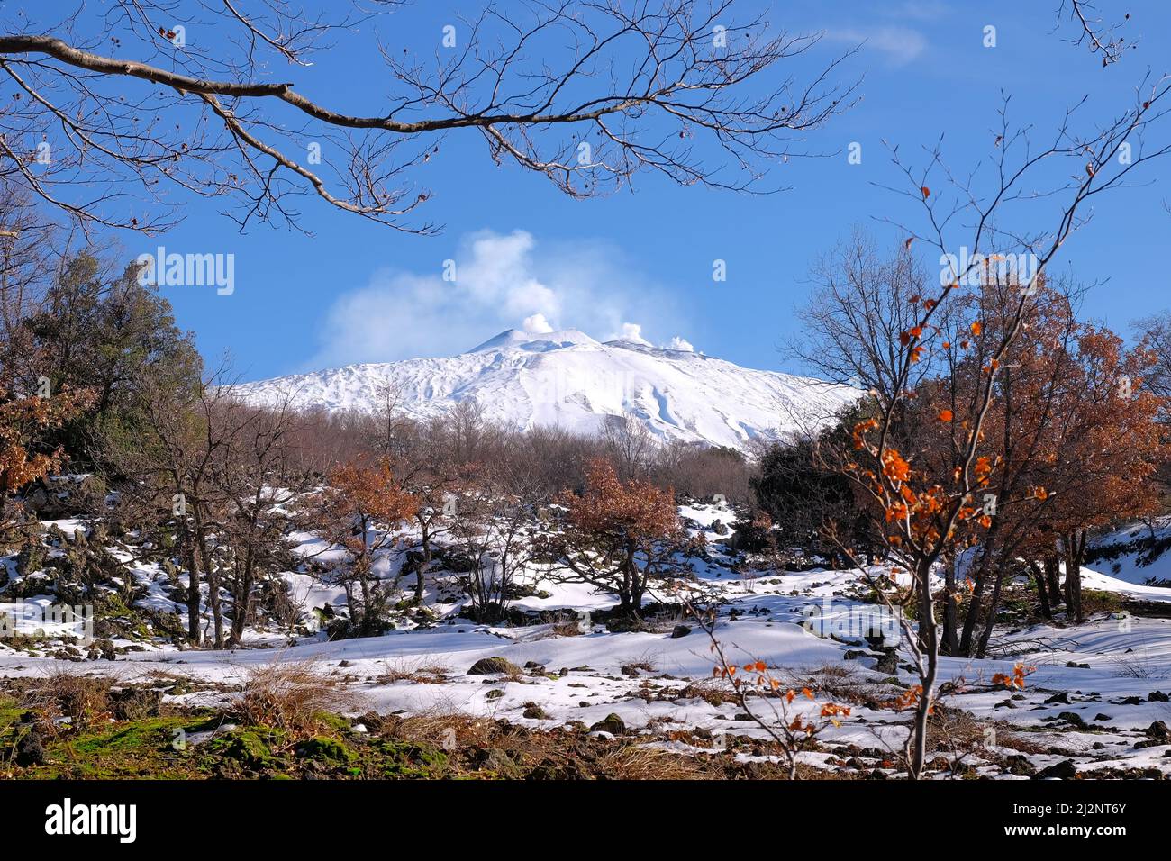 snowy and steaming Etna Volcano from National Park, Sicily Stock Photo ...