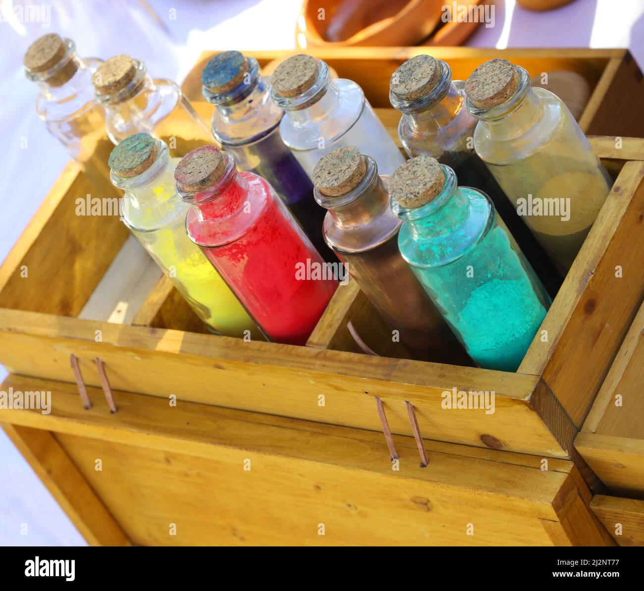 glass bottles with liquid pigments and dyes used to color fabrics in ...