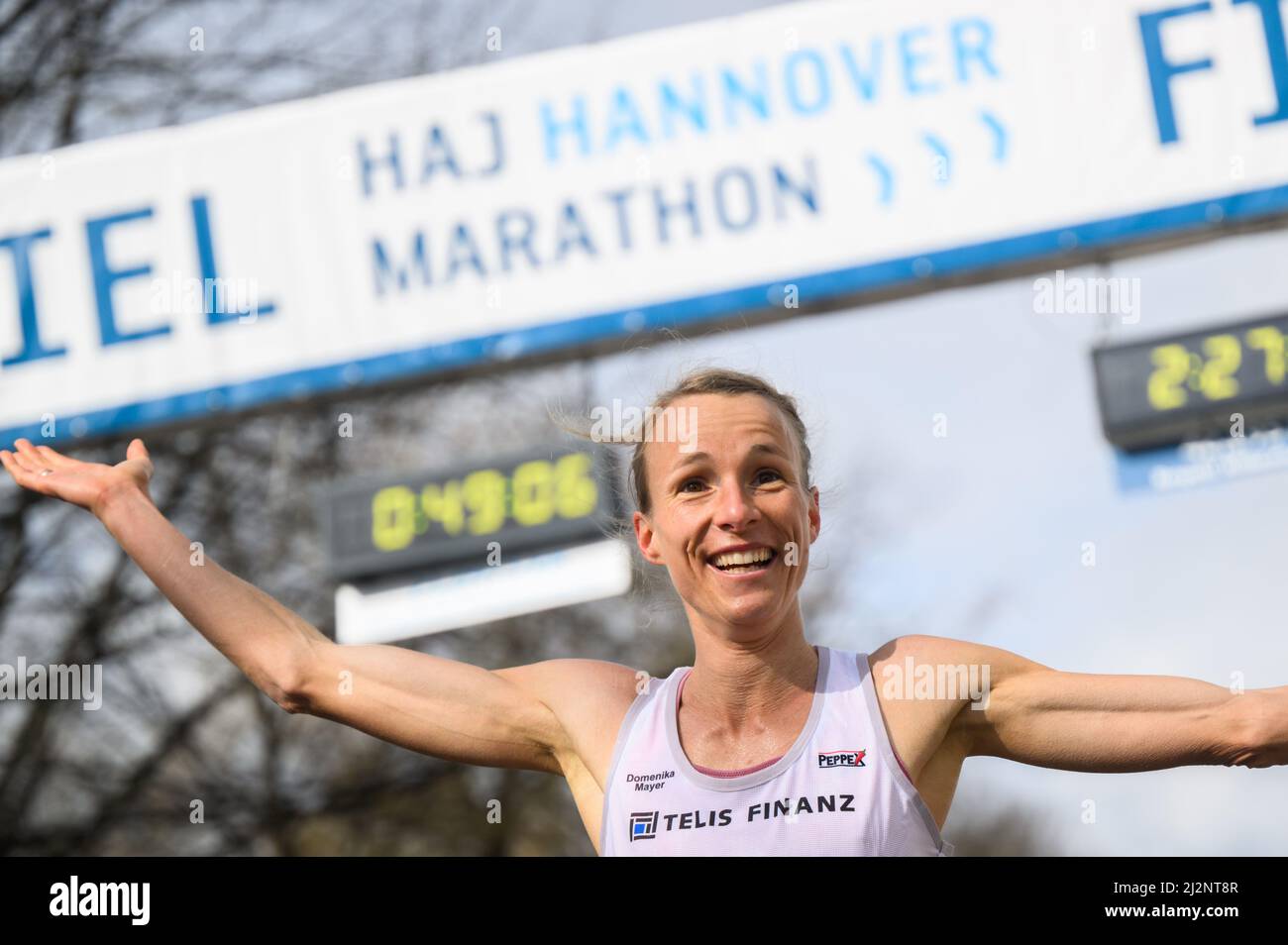 Hanover, Germany. 03rd Apr, 2022. Domenika Mayer celebrates her victory ...