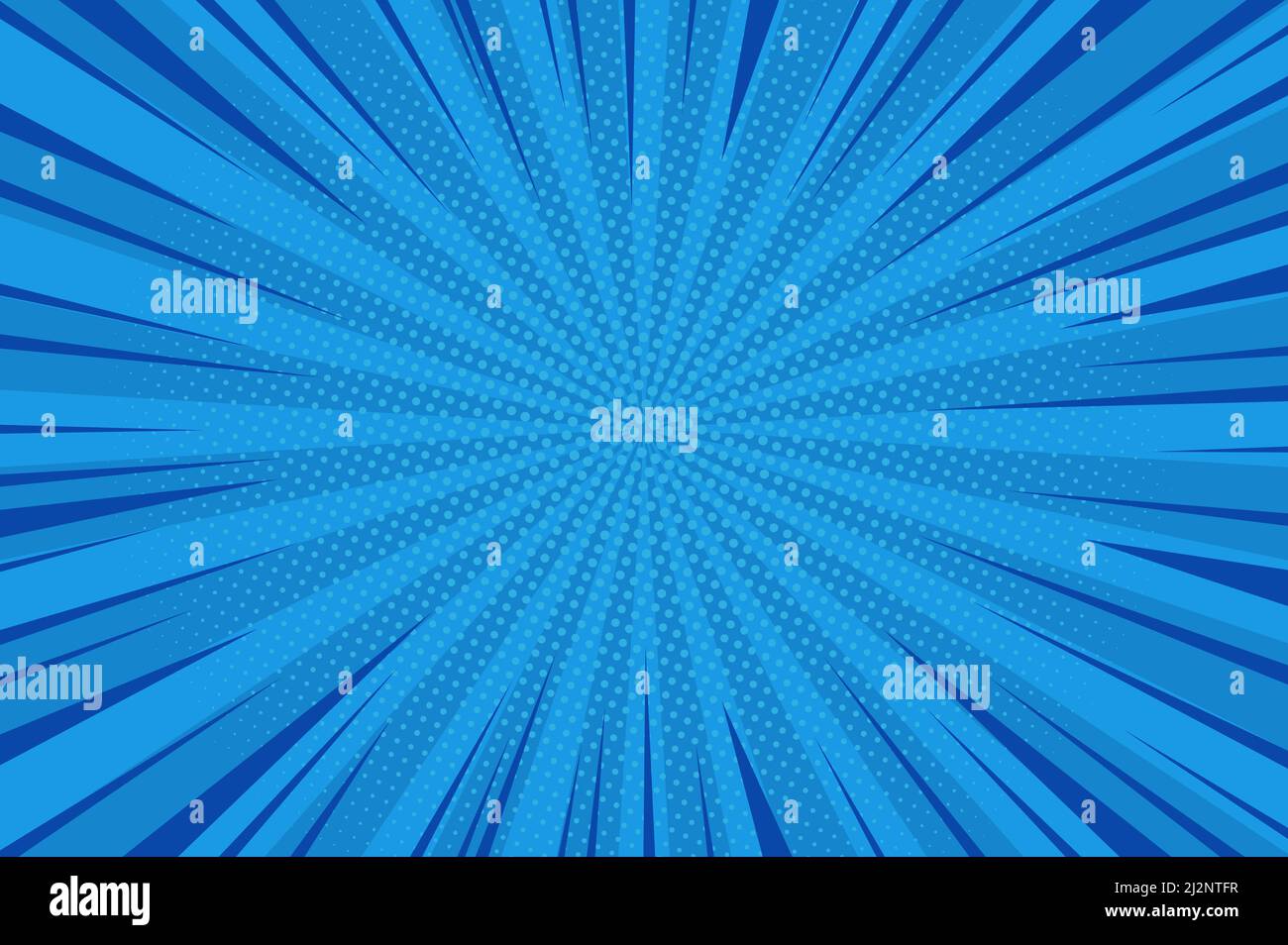 Comic abstract blue background with radial rays and halftone humor ...