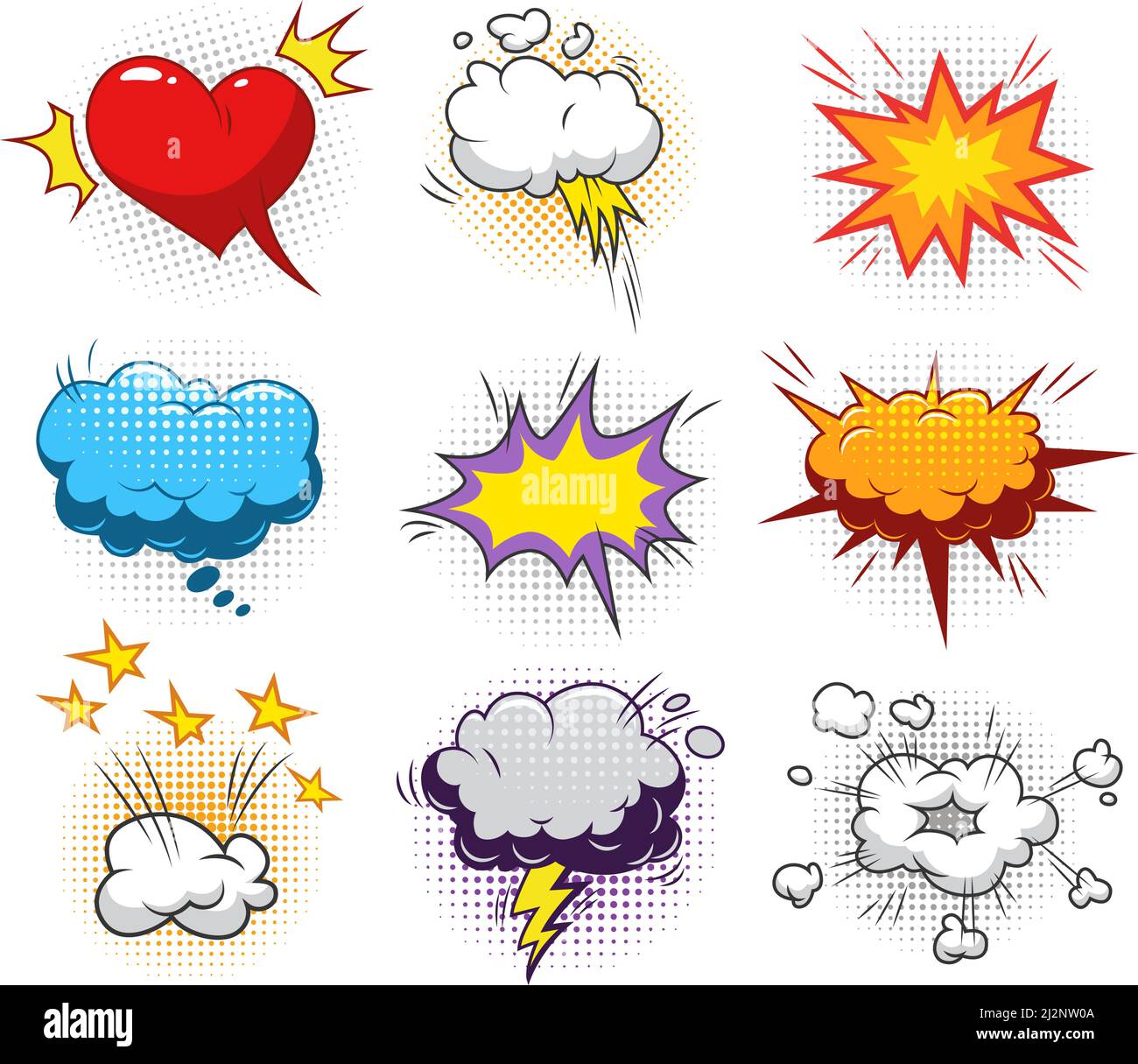 Comic dynamic elements set with speech clouds heart stars lightning sound halftone and explosive ...