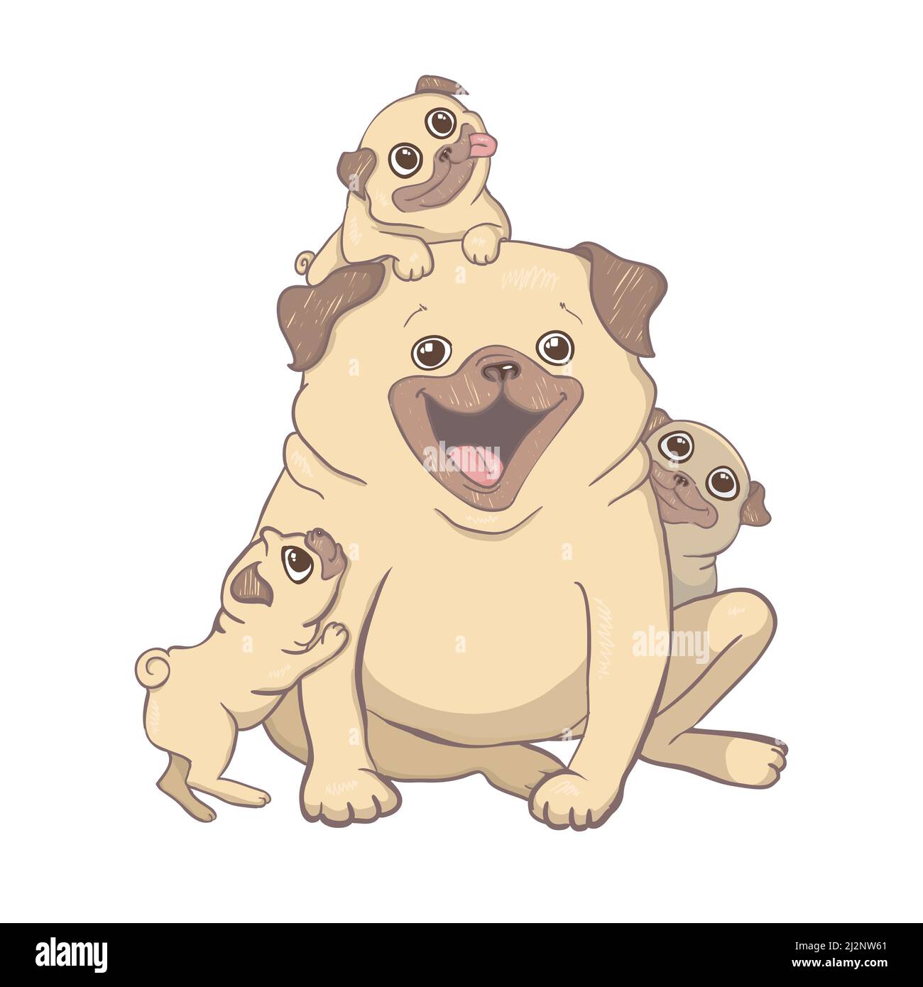 Pug dog cartoon illustration. Cute friendly fat chubby pug sitting pug ...