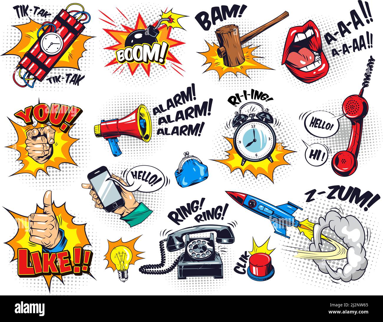 Comic bright elements composition with speech bubbles wordings halftone ...