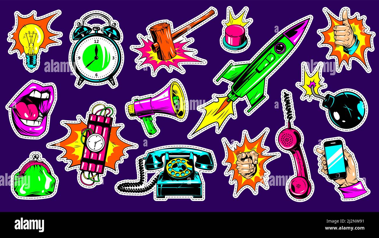 Pop art bright fashion patches set with different colorful comic ...