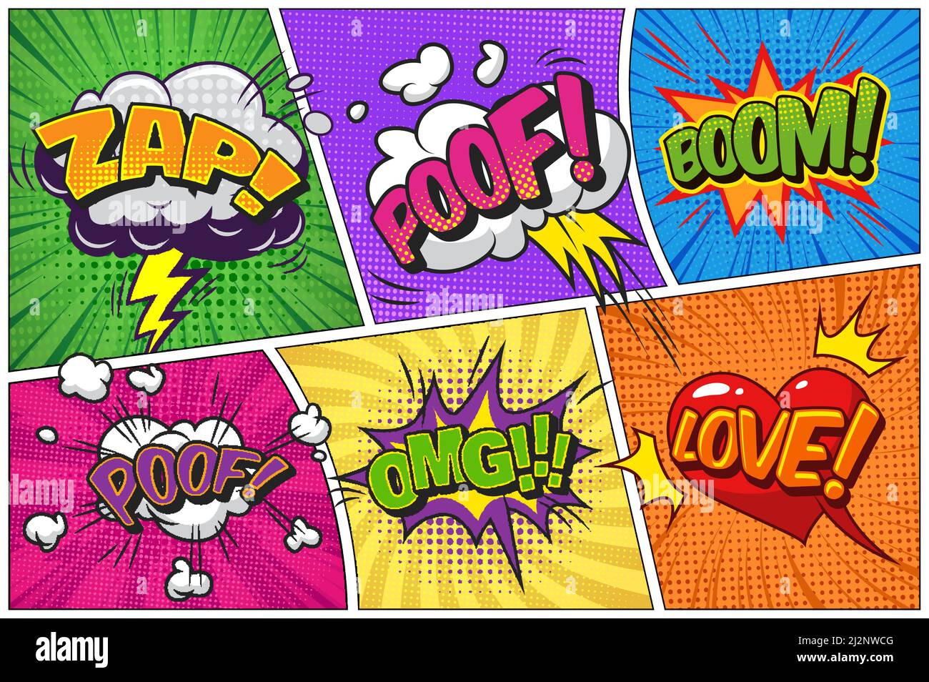 Comic Bright Template With Speech Bubbles Different Wordings Lightnings