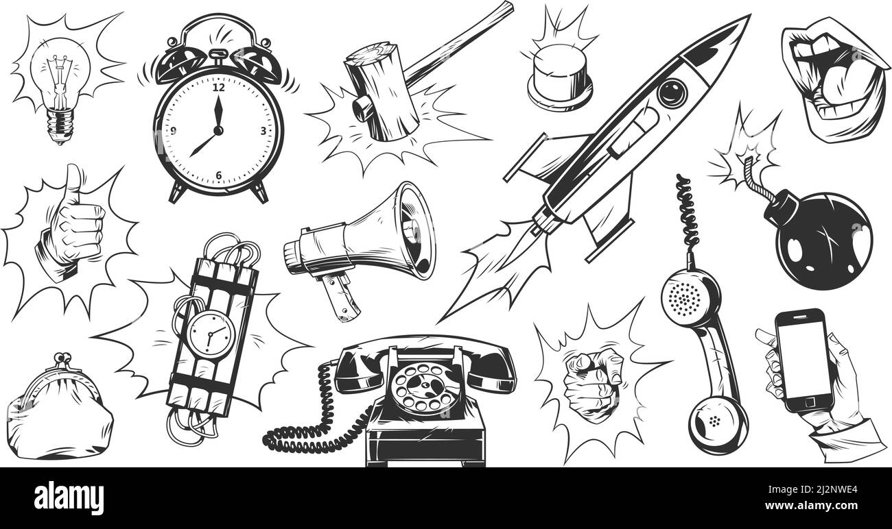 Comic monochrome elements set with hand gestures alarm clock phone ...