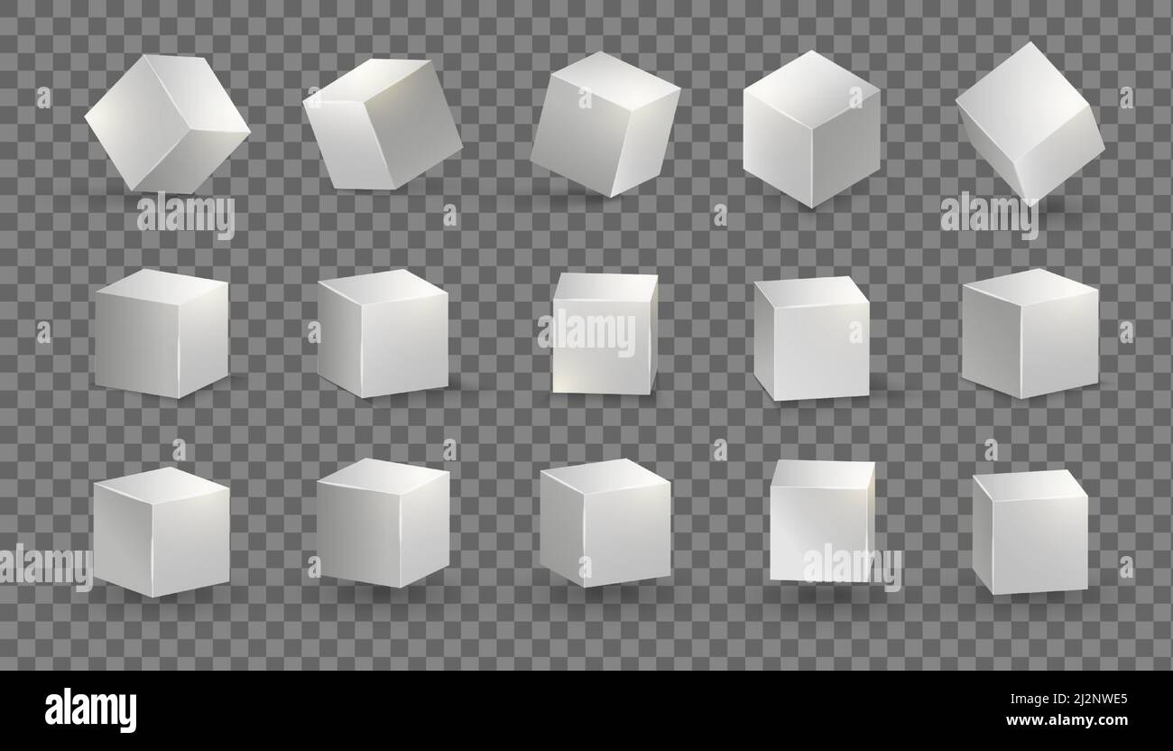 Silver cube. Grey box metallic shape. Vector square block set. 3D cubic ...