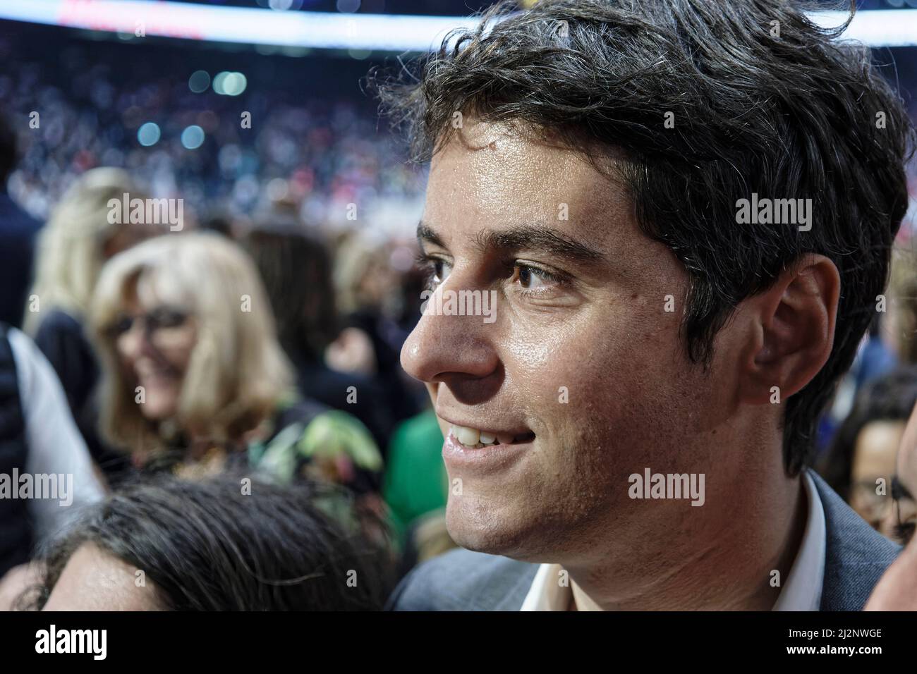 Paris La Défense Arena, France. 02nd Apr, 2022. Gabriel Attal attends ...