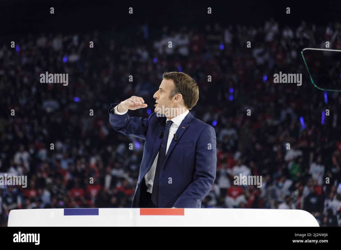 Paris La Défense Arena, France. 02nd Apr, 2022. Emmanuel Macron ...