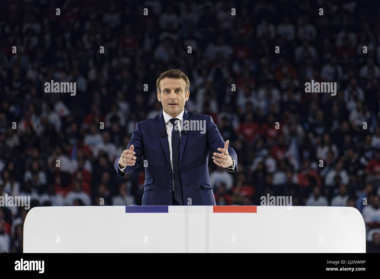 Paris La Défense Arena, France. 02nd Apr, 2022. Emmanuel Macron ...
