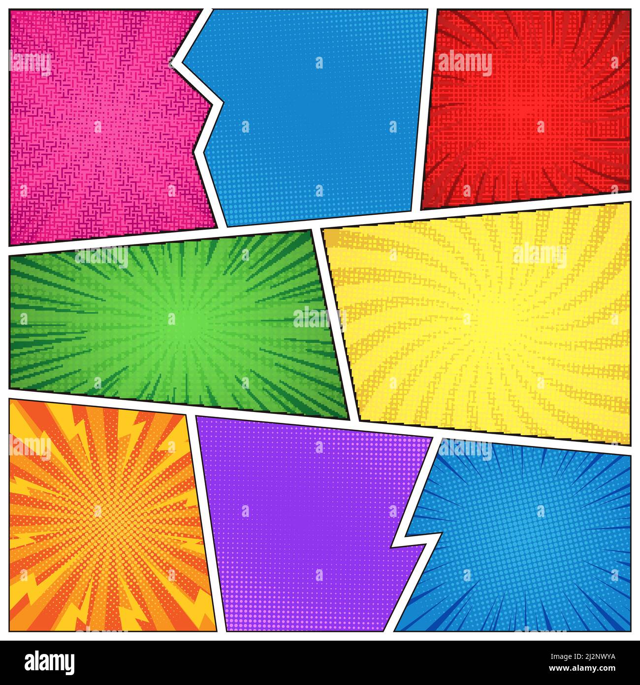 Comic book page concept with radial halftone rays humor effects and ...